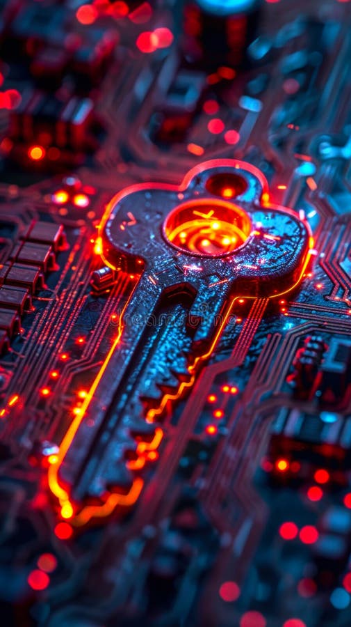 Glowing Key Symbol on a Circuit Board Pattern Illustrating Data Encryption Cybersecurity and ...