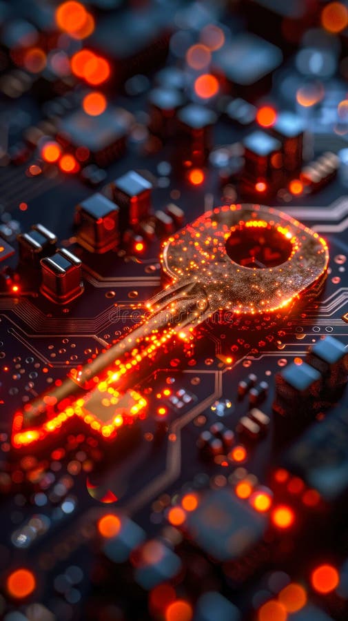 Glowing Key Symbol on a Circuit Board Pattern Illustrating Data Encryption Cybersecurity and ...