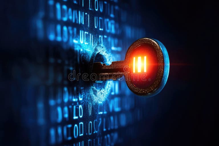 Glowing Key Unlocking Digital Code on Abstract Blue Background Stock ...