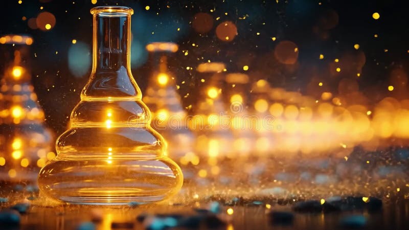 Glowing Laboratory Flasks Lined Up in a Dark Space Creating an ...