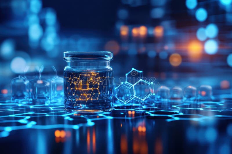 Glowing Laboratory Scene with Glass Jar and Molecular Structures ...