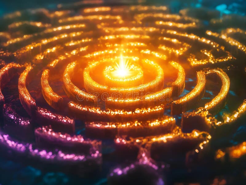 Glowing Labyrinth, Orange and Yellow Lights, Circular Design, Dark ...