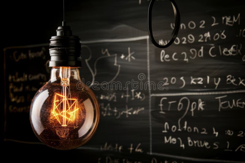 Glowing Lamp Symbolizing Scientific Thought among Mathematical Formulas ...