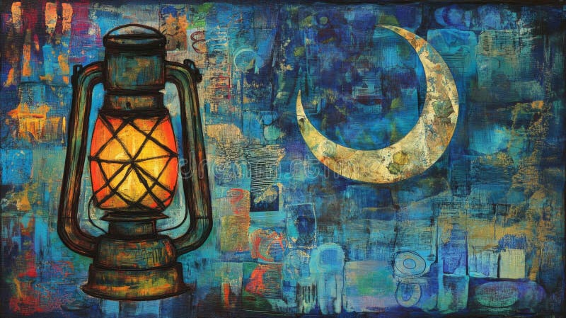 Glowing Lantern and Crescent Moon Night Collage Stock Illustration ...
