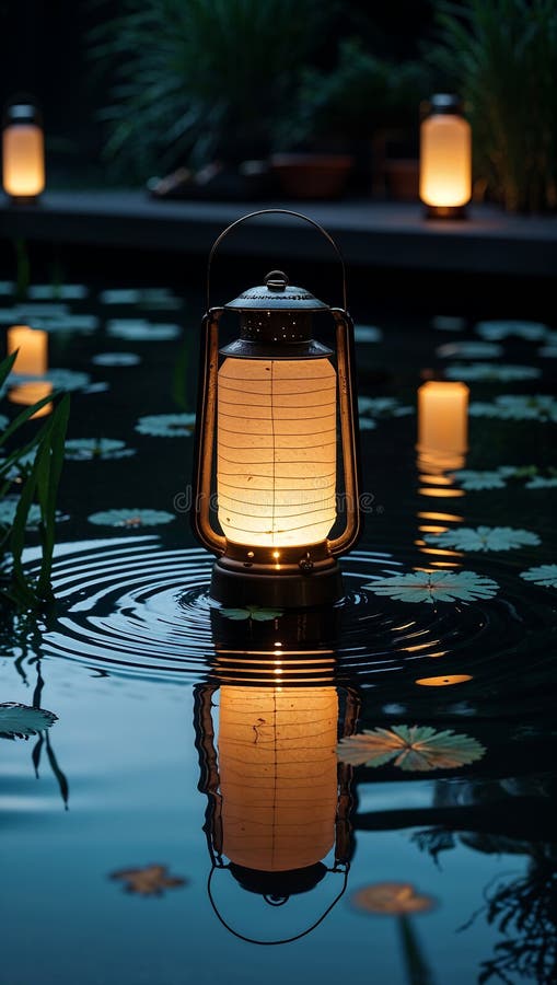 Glowing Lantern Illuminates Reflection in Still Water Stock ...
