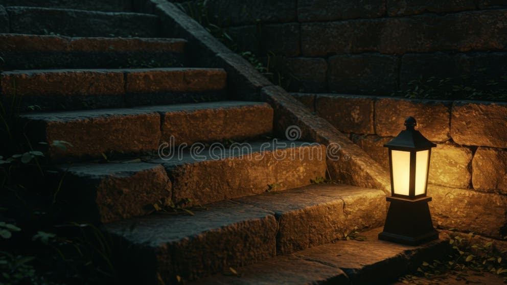 Glowing Lantern Illuminates Stone Steps at Night Stock Illustration ...
