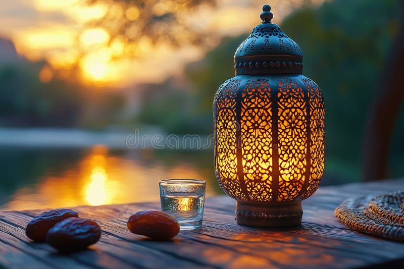 Glowing Lantern with Intricate Islamic Patterns at Sunset for Ramadan ...