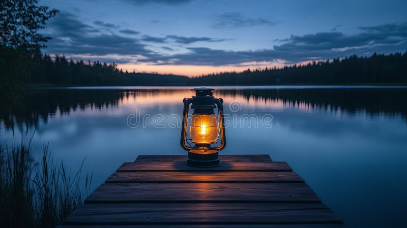 A Glowing Lantern Placed on a Wooden Dock Overlooking a Calm Lake at ...