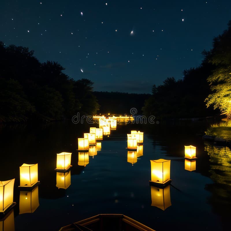 Glowing Lanterns Float on a Calm River Under a Starry Night Sky ...