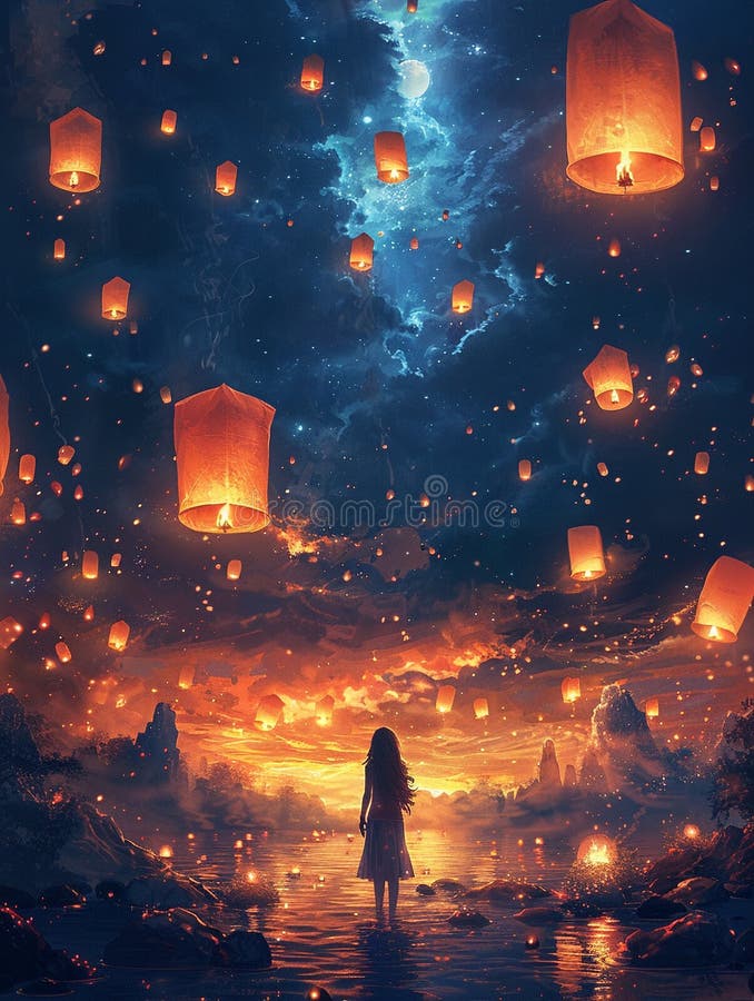 Glowing Lanterns Floating into the Night Sky Stock Photo - Image of ...