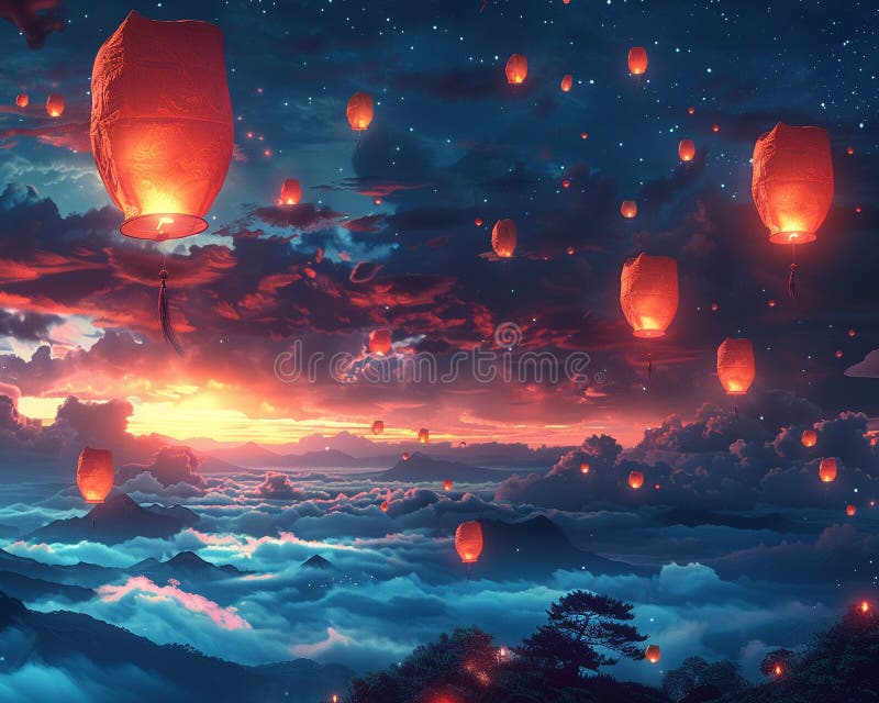Glowing Lanterns Floating into the Night Sky Stock Image - Image of ...