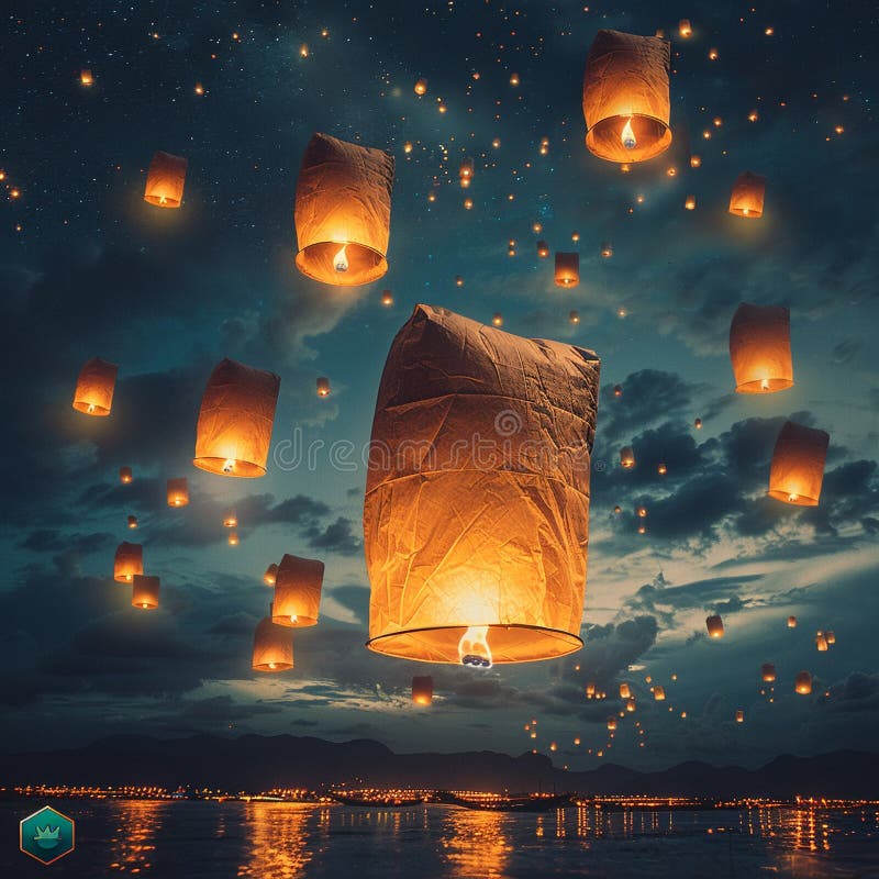 Glowing Lanterns Floating into the Night Sky Stock Photo - Image of ...