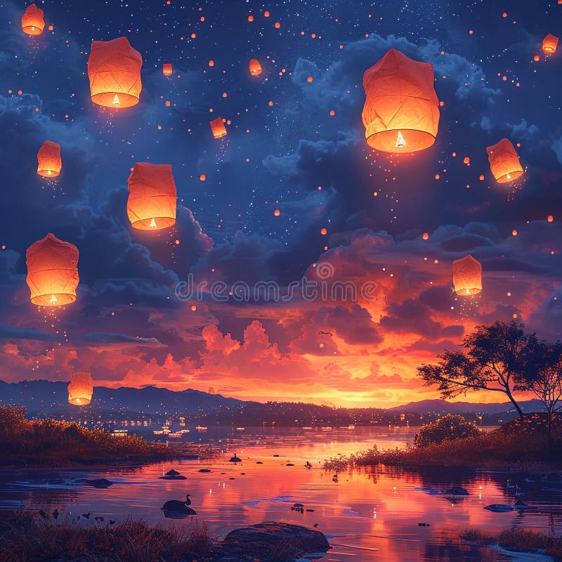 Glowing Lanterns Floating into the Night Sky Stock Image - Image of ...