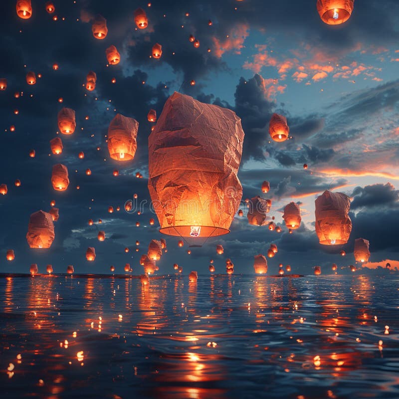 Glowing Lanterns Floating into the Night Sky Stock Photo - Image of ...