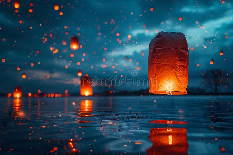 Glowing Lanterns Floating into the Night Sky Stock Image - Image of ...
