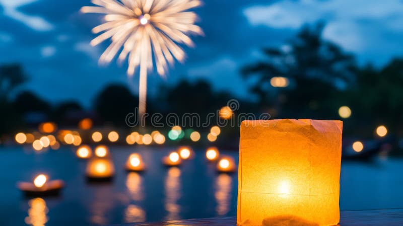 Glowing Lanterns Floating River Night Fireworks Sky Banner Copy Space ...