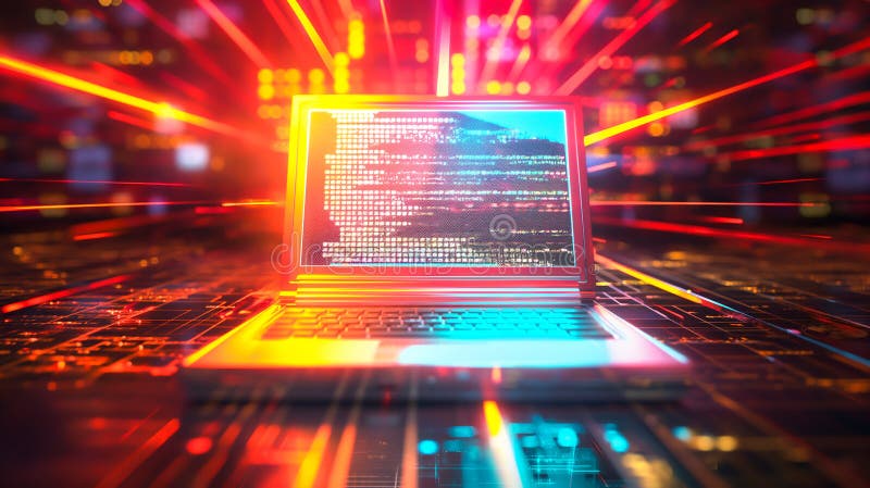 A Glowing Laptop Screen Displays Code in a Futuristic Digital Landscape ... A Glowing Laptop Screen Displays Code in a Futuristic Digital Landscape ...