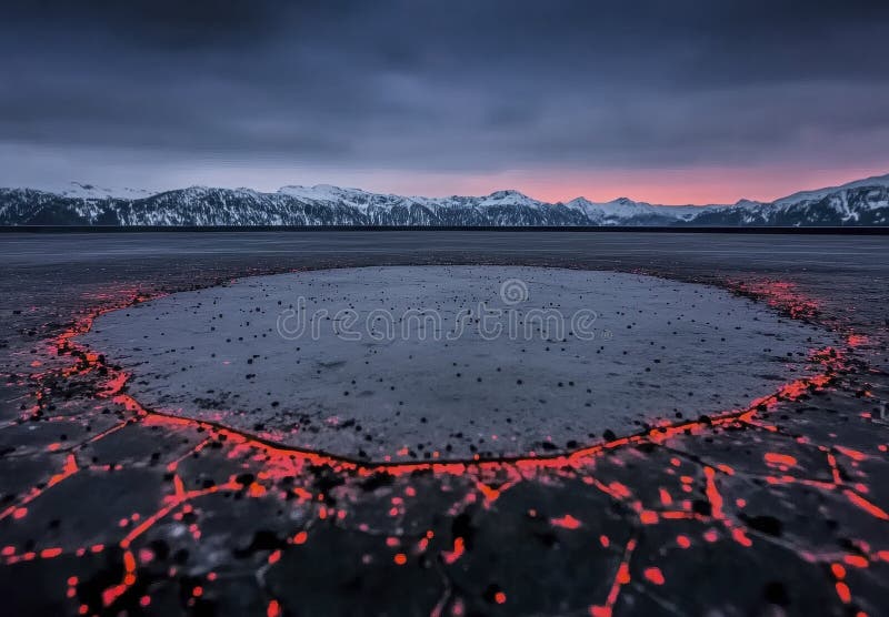 Glowing Lava Circle Against Snowy Mountains and Dramatic Sky Stock ...