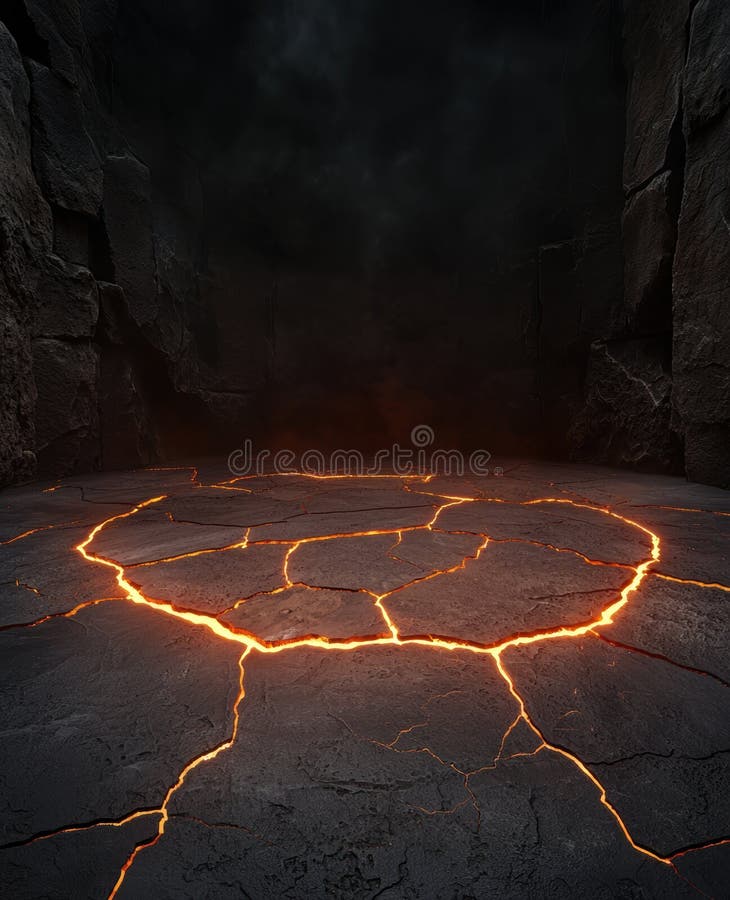 Glowing Lava Cracks in Dark Cave Stock Illustration - Illustration of ...