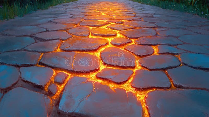 Glowing Lava Cracks on Stone Pathway at Sunset Stock Image - Image of ...