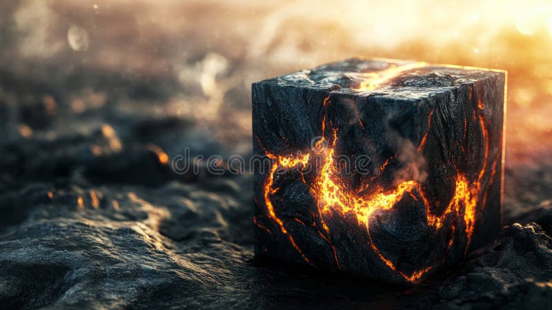 Glowing Lava Cube on Dark Volcanic Rock Stock Illustration ...