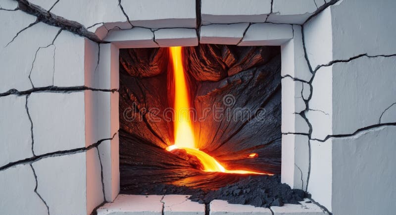 Glowing Lava Flow Frame in a Cracked Rock Wall. Stock Photo - Image of ...