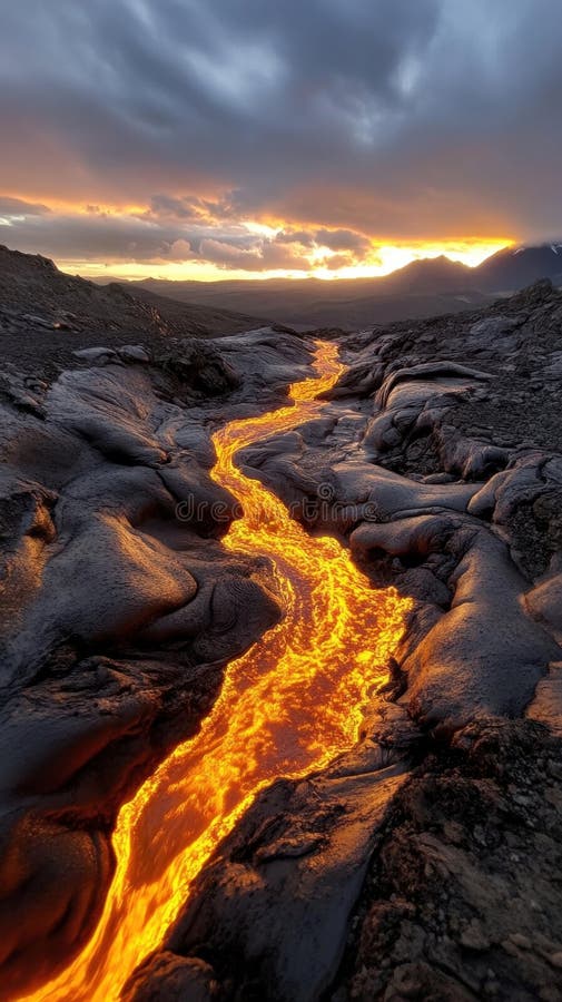 Glowing Lava Flow at Sunset in Volcanic Landscape Stock Illustration ...