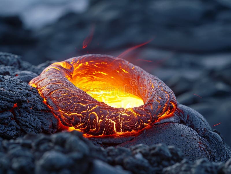 Glowing Lava Flow in Volcanic Landscape Stock Illustration ...