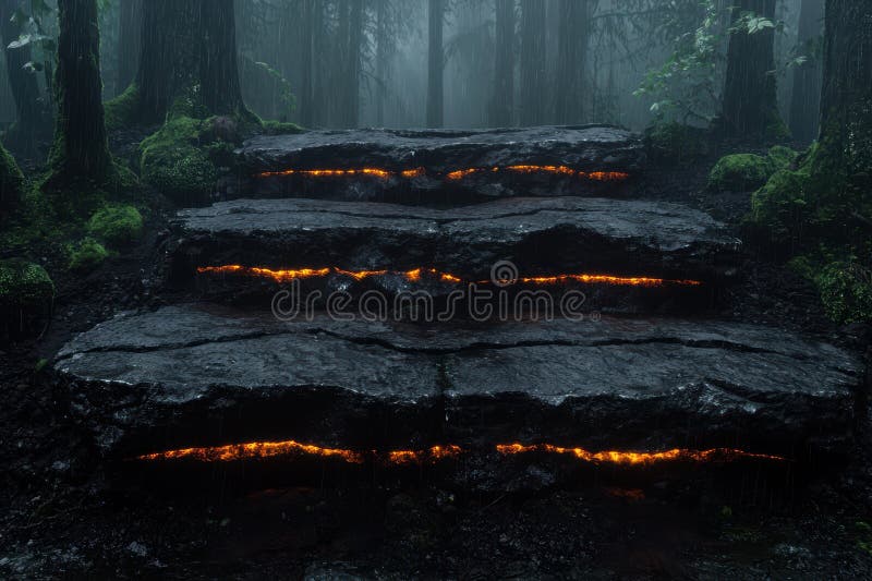 Glowing Lava Flowing through a Dark, Misty Forest Stock Illustration ...