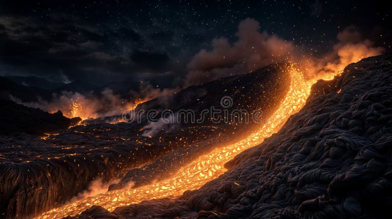 Glowing Lava Flowing Down Volcanic Landscape at Night Stock Image ...