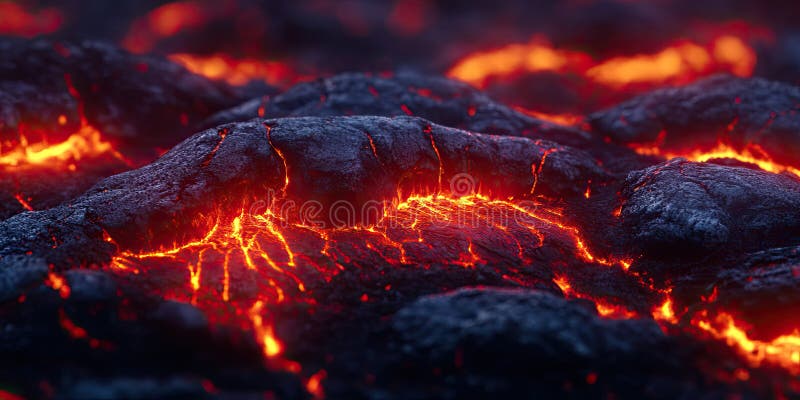 Glowing Lava Flowing Over Rough Volcanic Rock Formations Creating a ...