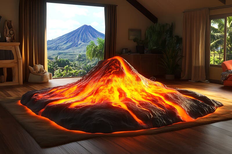 Glowing Lava Flowing through a Room Interior Stock Illustration ...