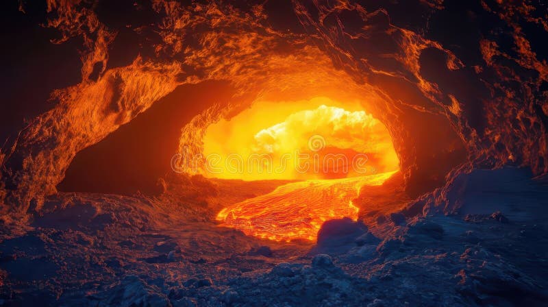 Glowing Lava Flowing in Volcanic Cave Creating Warm Light Stock Photo ...