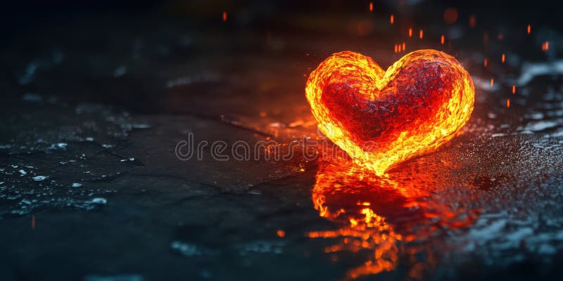 Glowing Lava Heart Sculpture on Wet Surface with Sparks and Reflections ...