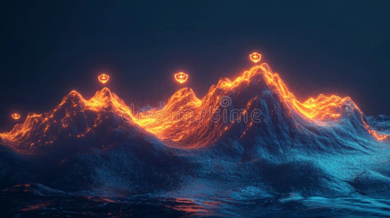 Glowing Lava Mountain Range with Abstract Shields Stock Illustration ...