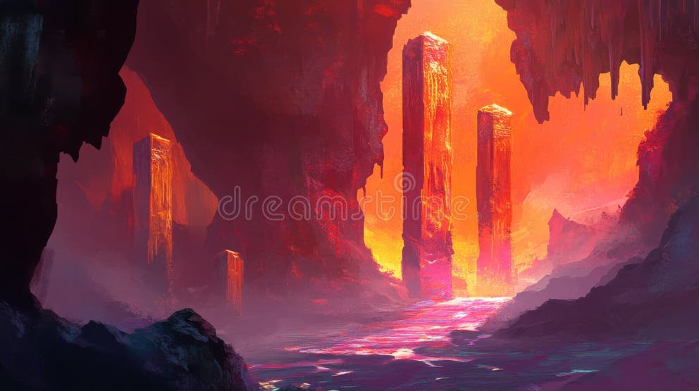 Glowing Lava Pillars in a Mystical Cave Stock Illustration ...