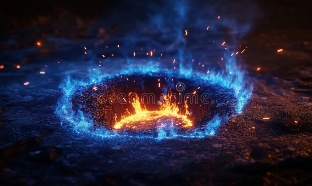 Glowing Lava Pit Surrounded by Blue Flames and Sparks in Dark ...