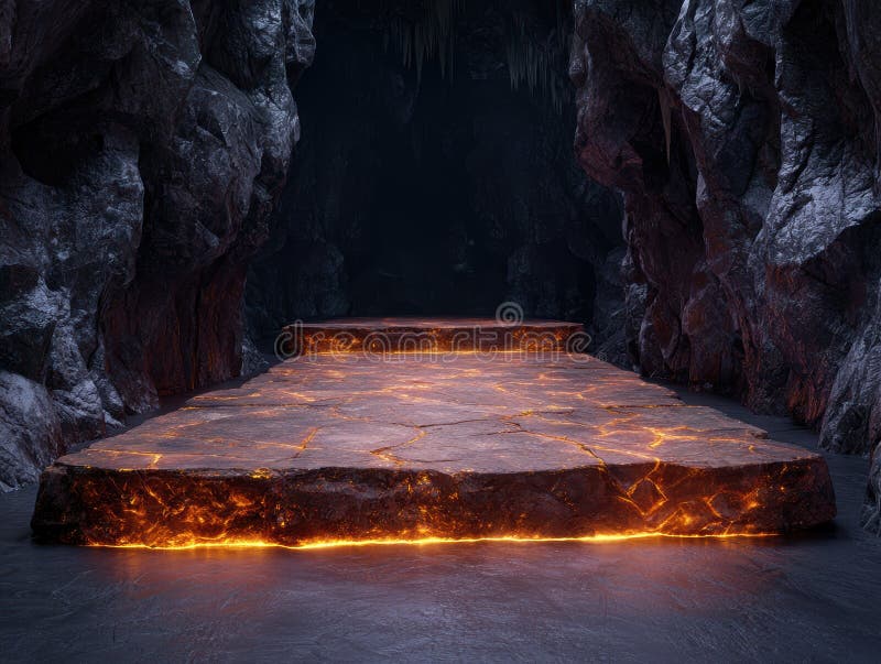 Glowing Lava Rock Platform in Dark Cave Stock Illustration ...