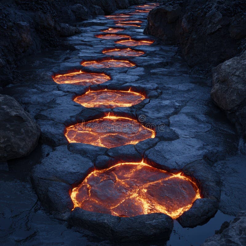 Glowing Lava Rocks in a Dark River Stock Illustration - Illustration of ...