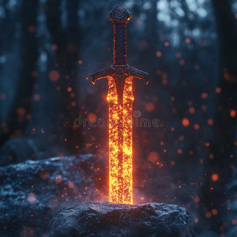 Glowing Lava Sword in Mystical Forest Setting. Stock Illustration ...