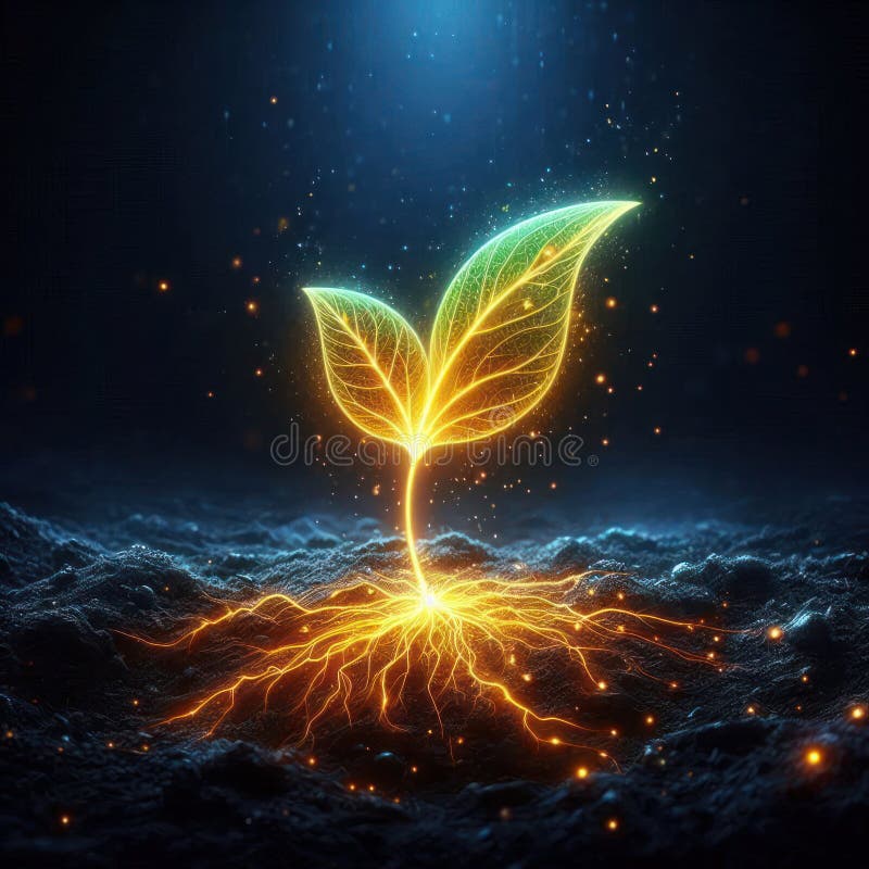 A Glowing Leaf with Roots in the Dark. Stock Photo - Image of night ...