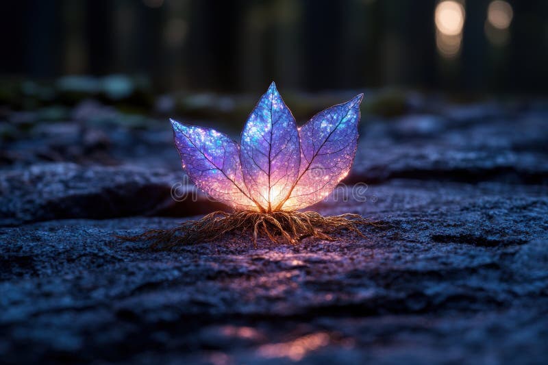 Glowing Leaf with Roots in Dark Landscape Stock Illustration ...