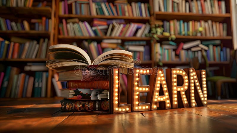 Glowing LEARN Text with Books in Library Stock Illustration ...