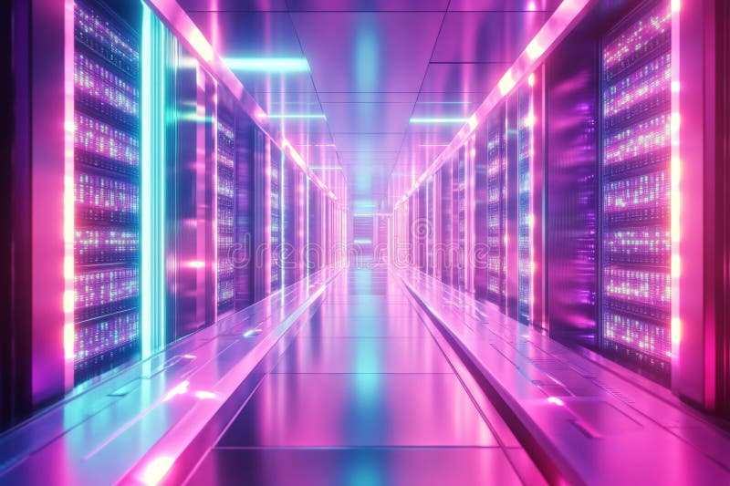Glowing LED Lights Brighten a Vibrant Data Center Corridor Lined with Sleek Server Racks ...