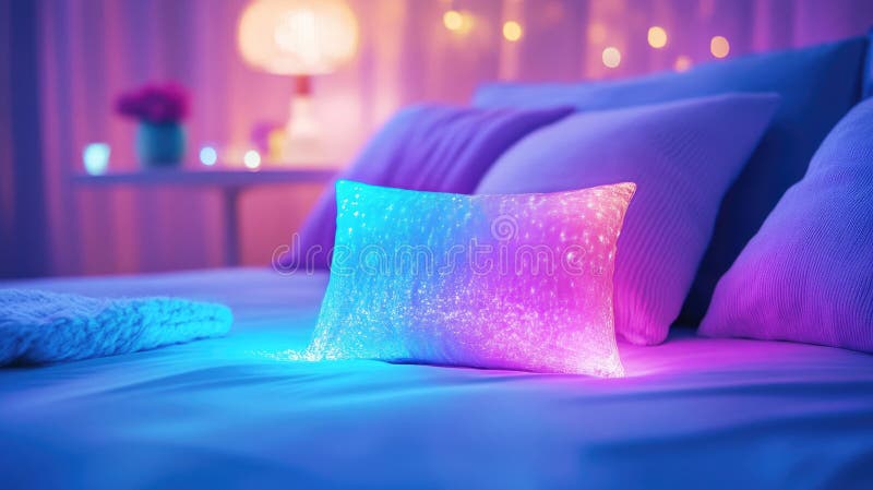 Glowing Led Pillow on Cozy Bed in Dreamy Ambient Light Bedroom Scene ...
