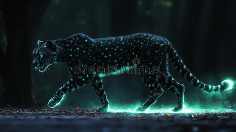 Glowing Leopard in Dark Forest at Night Stock Illustration ...