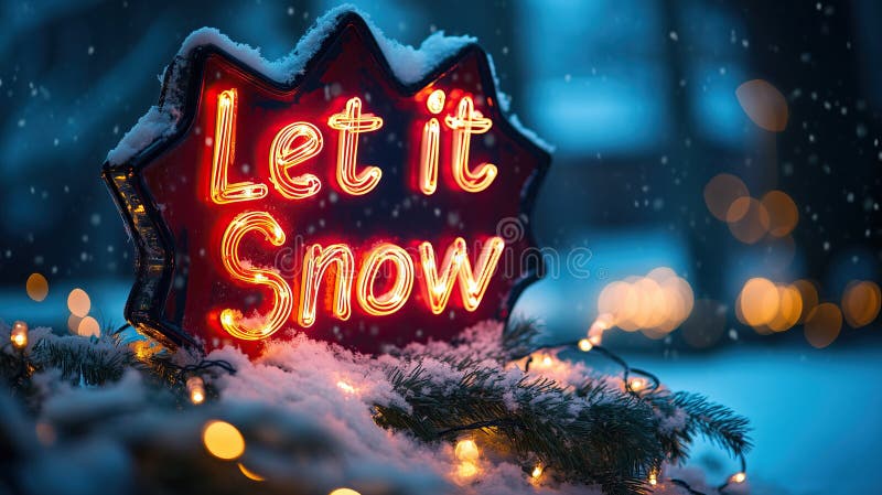 A Glowing "Let it Snow" Sign Surrounded by Snow and Festive Lights ...