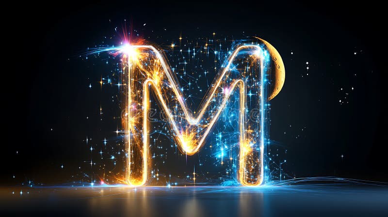 Glowing Letter M with Swirling Patterns of Starlight and Sparkles Stock ...