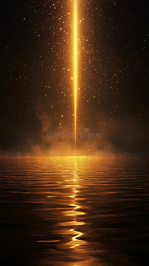 Glowing Light Beam in Dark Atmosphere with Water Reflection Stock ...