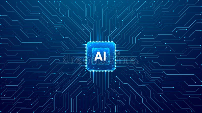 Glowing Light Blue Neon AI Chip with Thin Circuit Contact Lines Stock ...